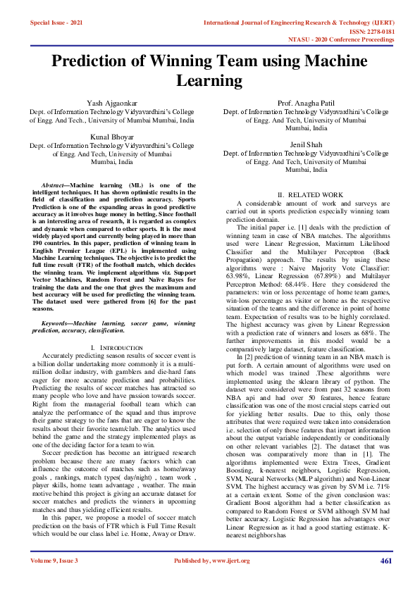 (PDF) Prediction of Winning Team using Machine Learning