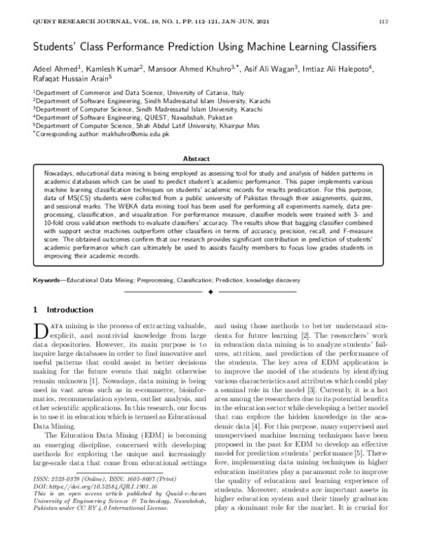 (PDF) Students’ Class Performance Prediction Using Machine Learning Classifiers