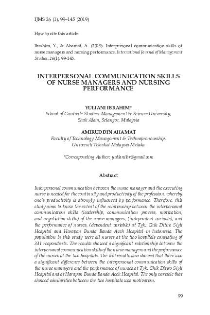(PDF) Interpersonal Communication Skills of Nurse Managers and Nursing Performance