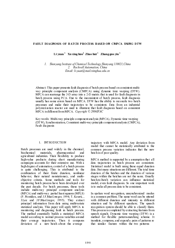 (PDF) Fault Diagnosis of Batch Process Based on CMPCA Using DTW