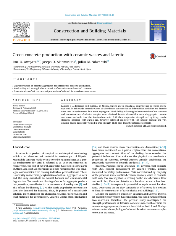 (PDF) Green concrete production with ceramic wastes and laterite