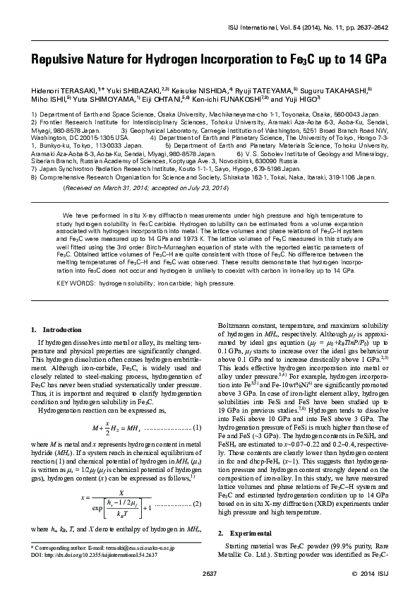 (PDF) Repulsive Nature for Hydrogen Incorporation to Fe3C up to 14 GPa ...
