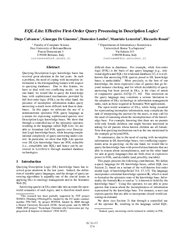 (PDF) EQL-Lite: Effective first-order query processing in description logics