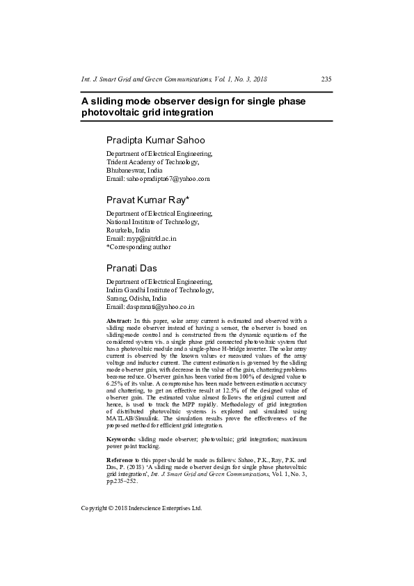 Pdf A Sliding Mode Observer Design For Single Phase Photovoltaic Grid Integration