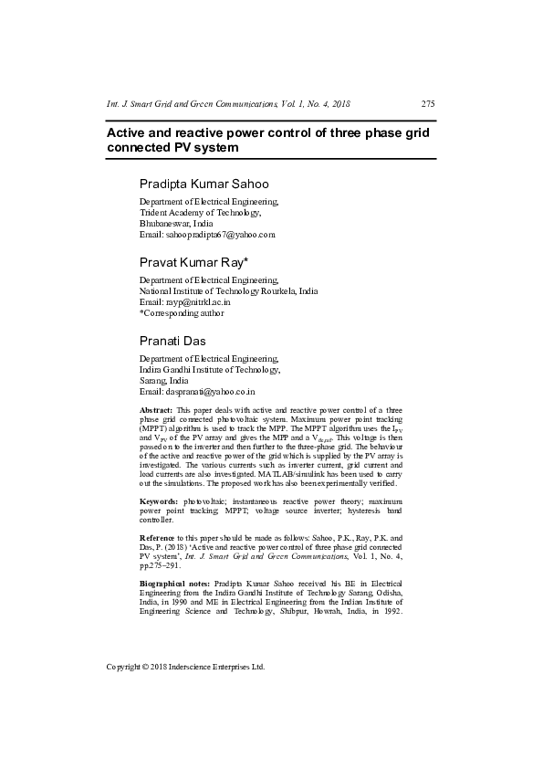 Pdf Active And Reactive Power Control Of Three Phase Grid Connected