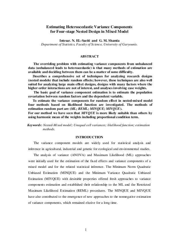 Pdf Estimating Heteroscedastic Variance Components For Four Stage Nested Design In Mixed Model