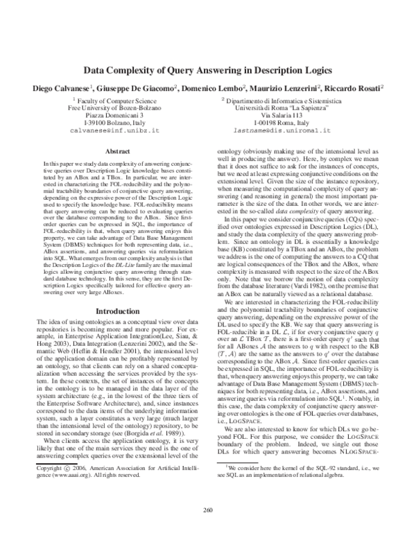 Pdf Data Complexity Of Query Answering In Description Logics Maurizio Lenzerini