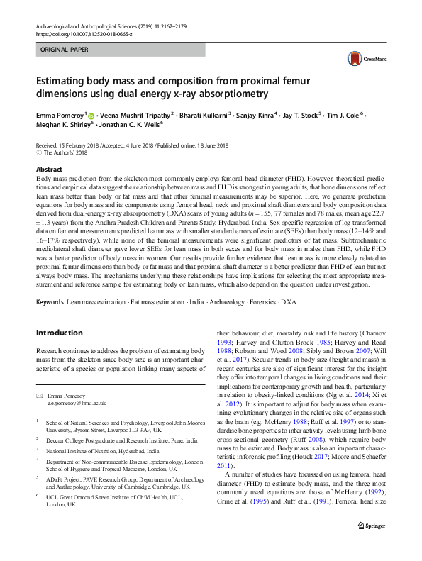 (PDF) Estimating body mass and composition from proximal femur dimensions using dual energy x ...