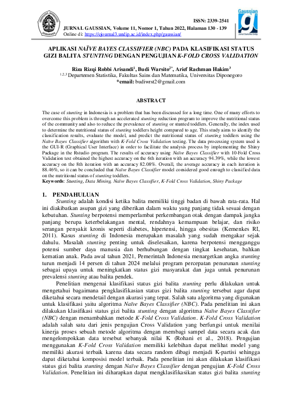 (PDF) Aplikasi Naïve Bayes Classifier (NBC) Pada Klasifikasi Status Gizi Balita Stunting Dengan ...