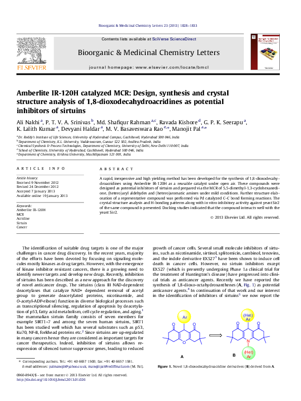 (PDF) Amberlite IR-120H catalyzed MCR: Design, synthesis and crystal ...