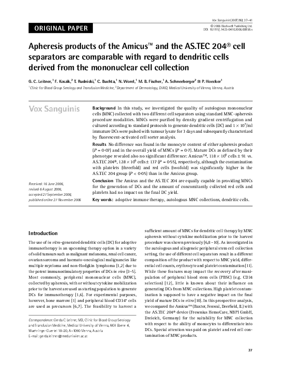 (PDF) Apheresis products of the Amicus? and the AS.TEC 204 cell ...