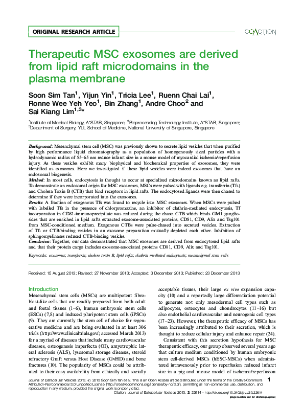 (PDF) Therapeutic MSC exosomes are derived from lipid raft microdomains ...