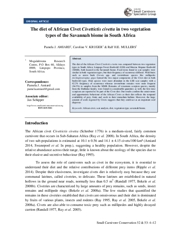 (PDF) The diet of African Civet Civettictis civetta in two vegetation ...