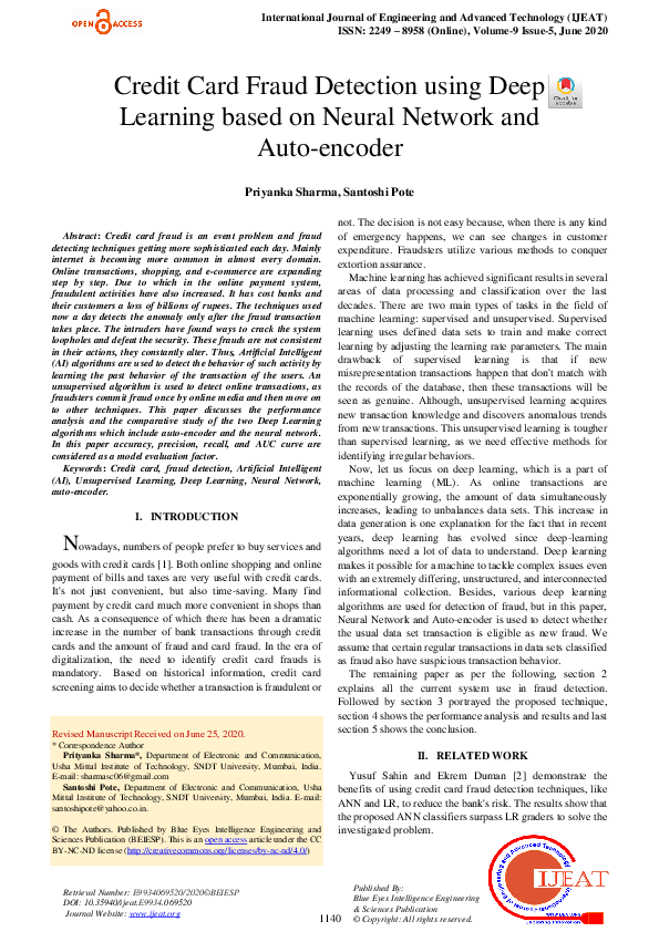 (PDF) Credit Card Fraud Detection using Deep Learning based on Neural Network and Auto-encoder