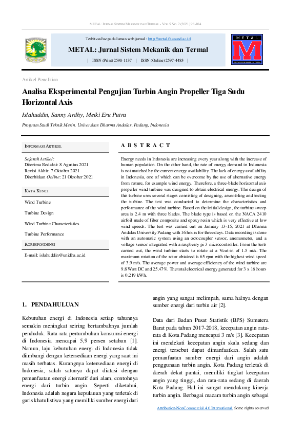 (PDF) Analisa Eksperimental Pengujian Turbin Angin Propeller Tiga Sudu ...