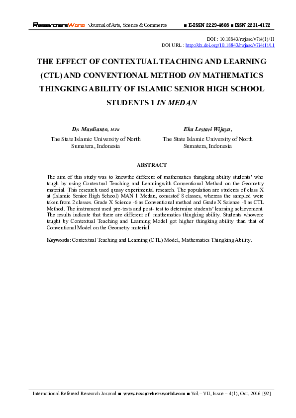 Pdf The Effect Of Contextual Teaching And Learning Ctl And