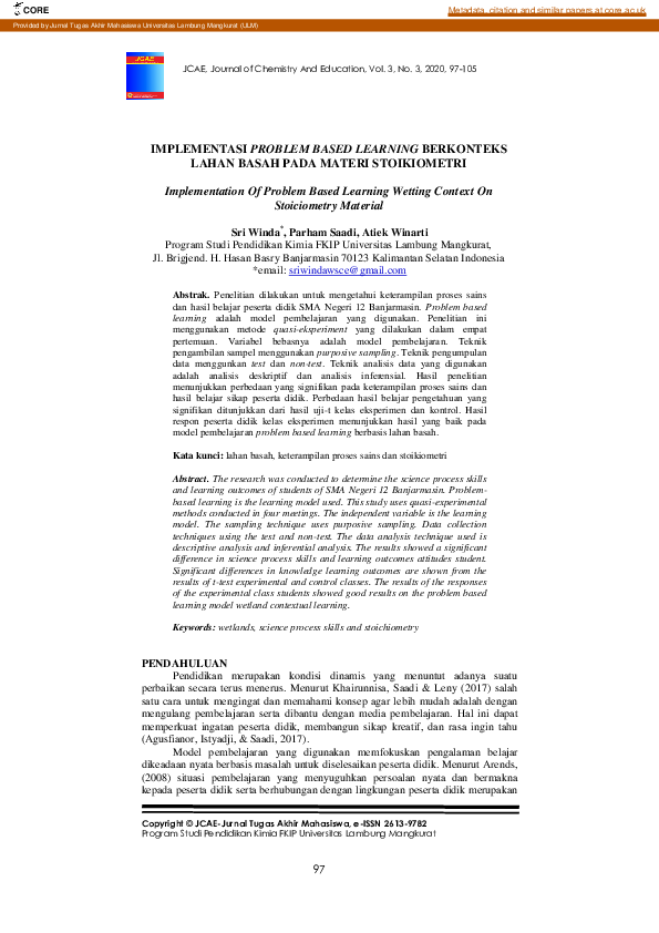(PDF) Implementasi Problem Based Learning Berkonteks Lahan Basah Pada Materi Stoikiometri