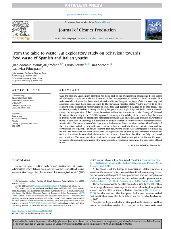 (PDF) From the table to waste: An exploratory study on behaviour ...