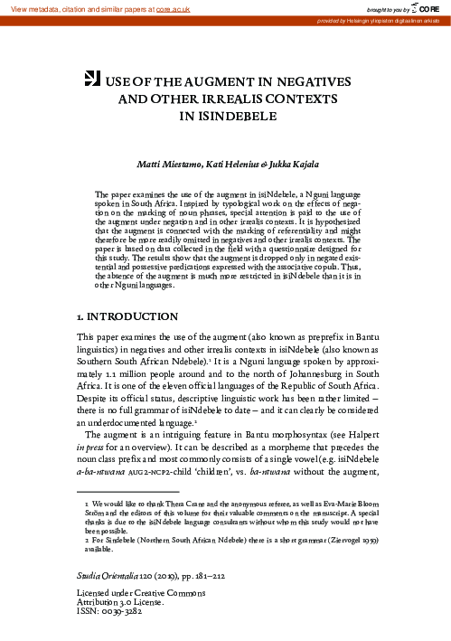 (PDF) Use of the augment in negatives and other irrealis contexts in ...