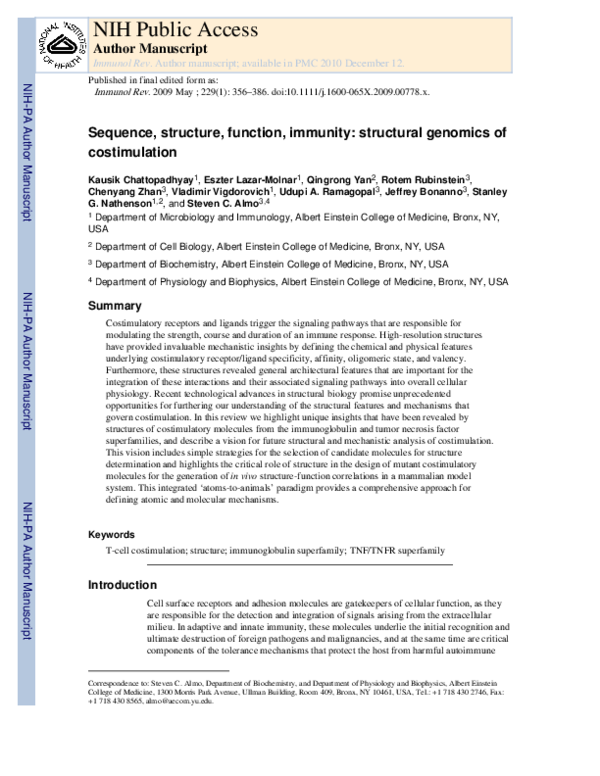 (PDF) Sequence, structure, function, immunity: structural genomics of ...