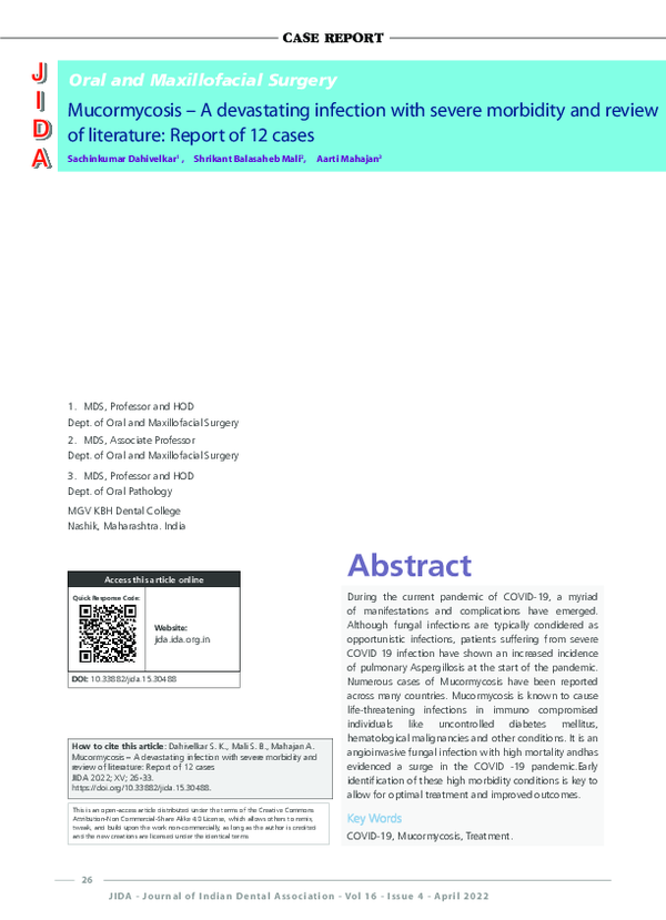 (PDF) Mucormycosis -A devastating infection with severe morbidity and review of literature ...
