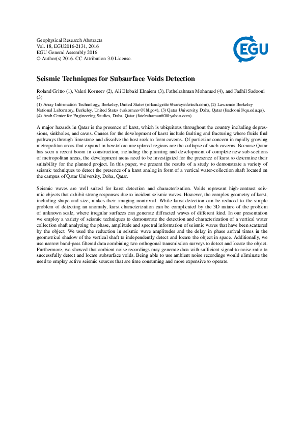 (PDF) Seismic Techniques for Subsurface Voids Detection