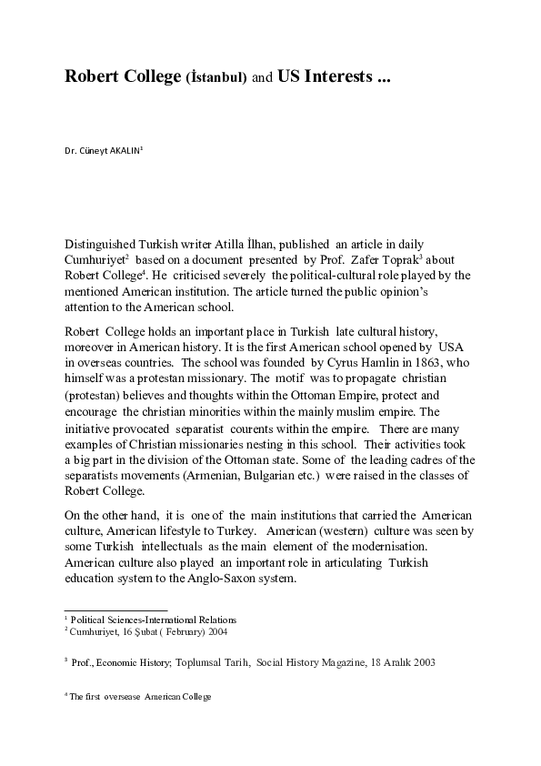 (DOC) Robert College (İstanbul) and US Interests