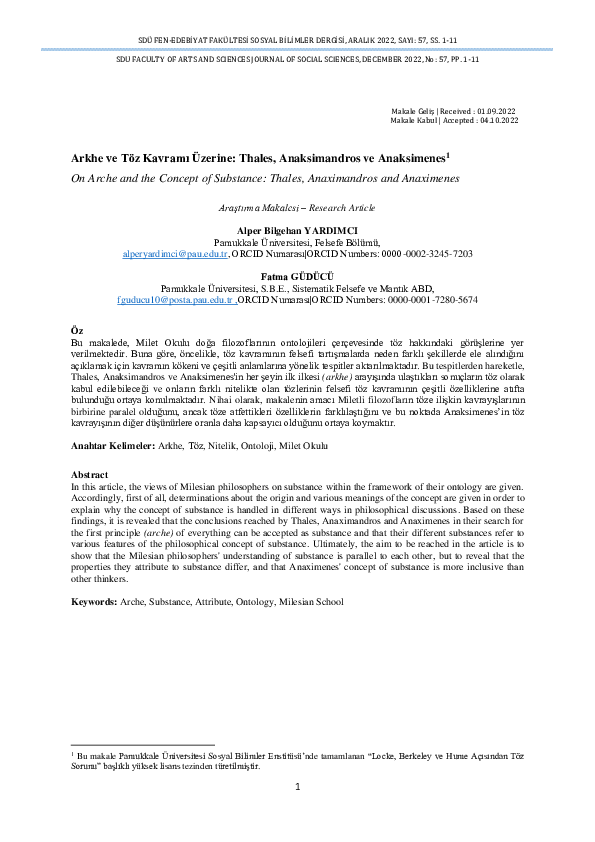 (PDF) Arkhe ve Töz Kavramı Üzerine: Thales, Anaksimandros ve Anaksimenes