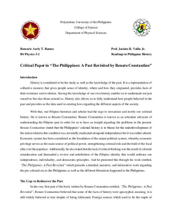 (PDF) A Critical Paper on Renato Constantino's The Philippines: A Past Revisited