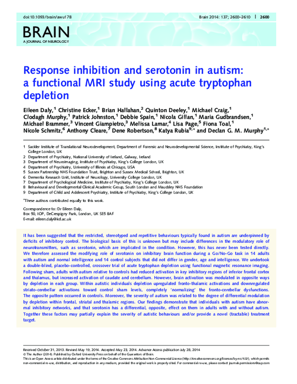 (PDF) Response inhibition and serotonin in autism: a functional MRI ...
