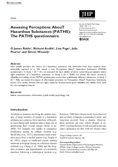 (PDF) Assessing Perceptions AbouT Hazardous Substances (PATHS): The ...