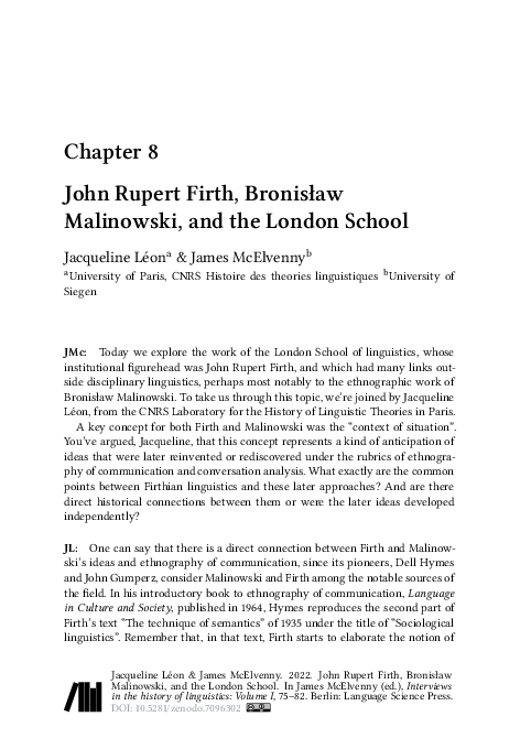 (PDF) John Rupert Firth, Bronisław Malinowski, and the London School