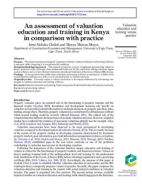 (PDF) An assessment of valuation education and training in Kenya in ...