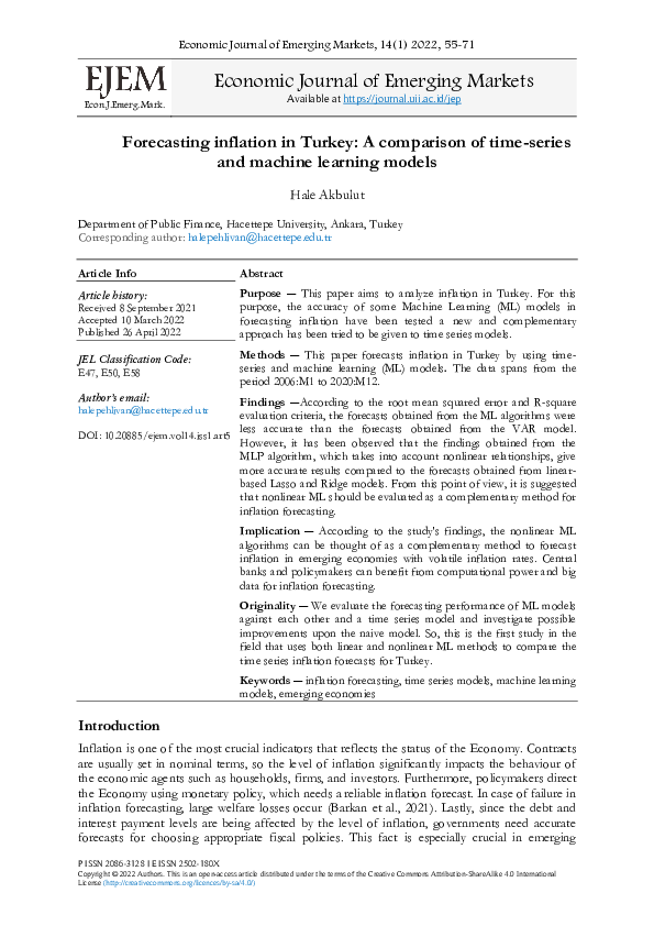 Pdf Forecasting Inflation In Turkey A Comparison Of Time Series And