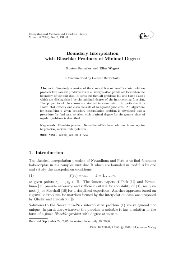 (PDF) Boundary Interpolation with Blaschke Products of Minimal Degree