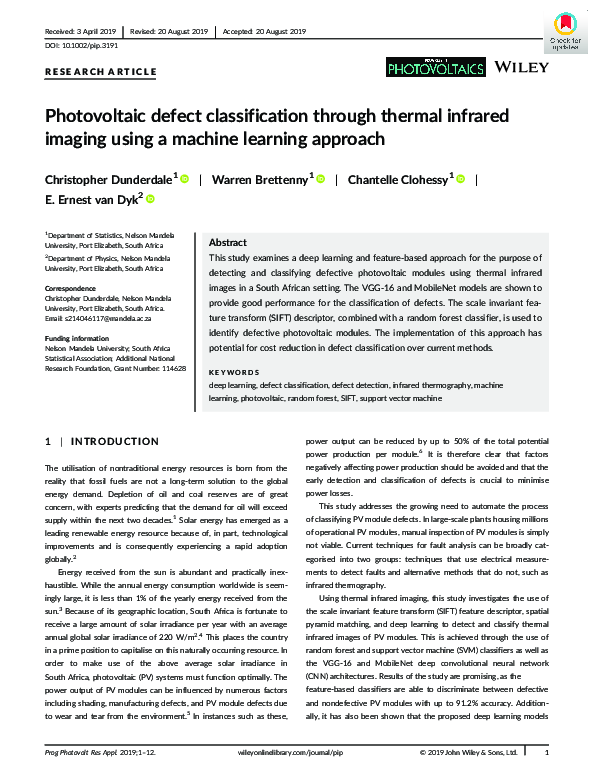 Pdf Photovoltaic Defect Classification Through Thermal Infrared Imaging Using A Machine