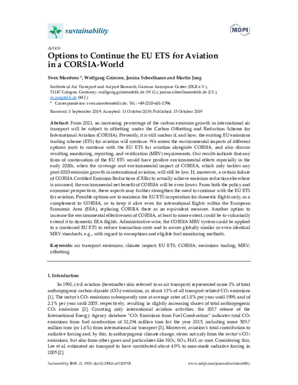 (PDF) Options to Continue the EU ETS for Aviation in a CORSIA-World