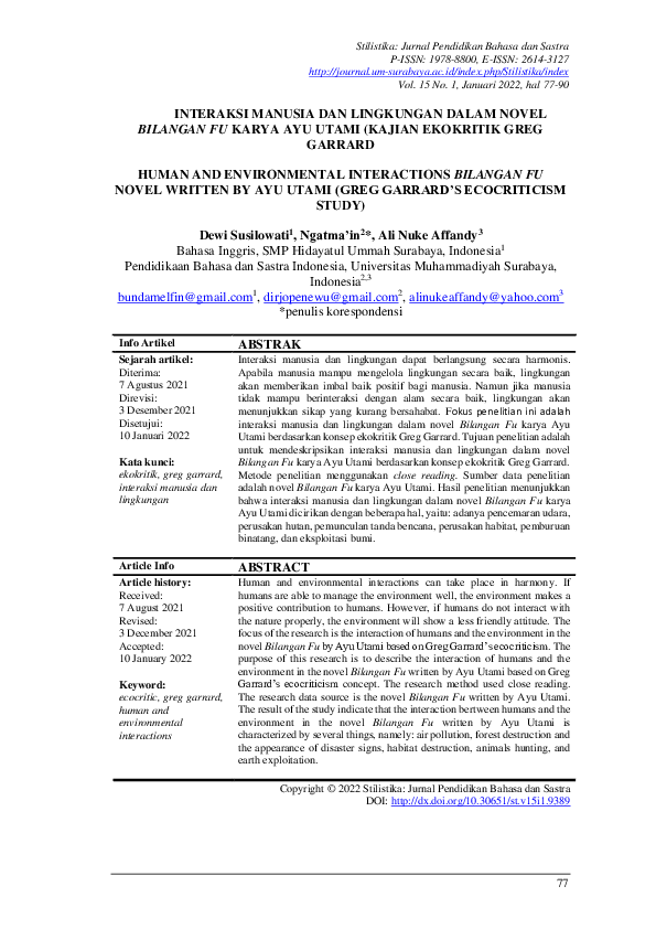 (PDF) Interaksi Manusia dan Lingkungan dalam Novel Bilangan Fu Karya ...