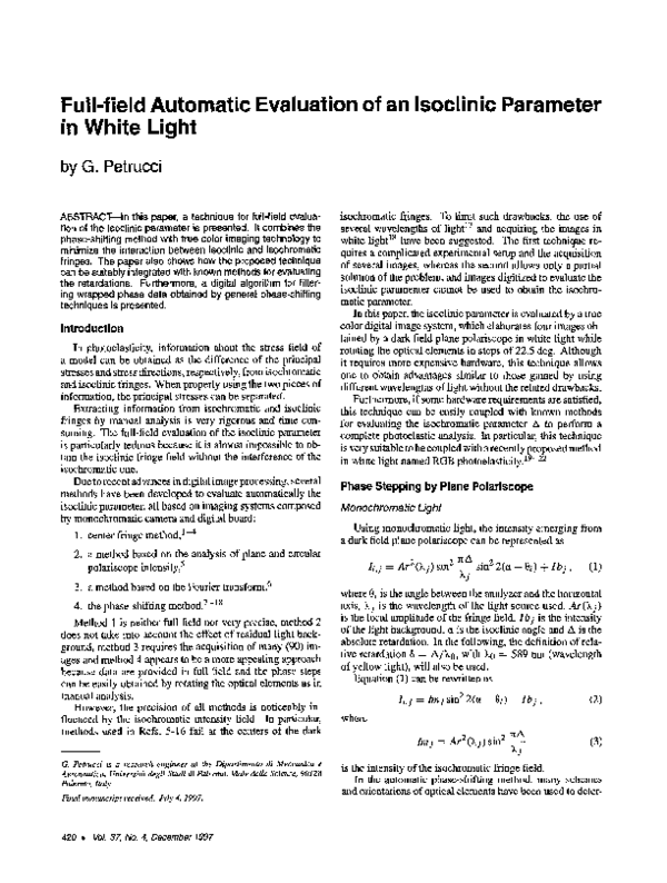 (PDF) Full-field automatic evaluation of an isoclinic parameter in white light | G. Petrucci ...