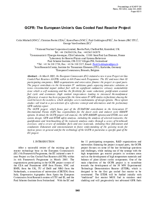 (PDF) GCFR: The European Union Gas Cooled Fast Reactor Project
