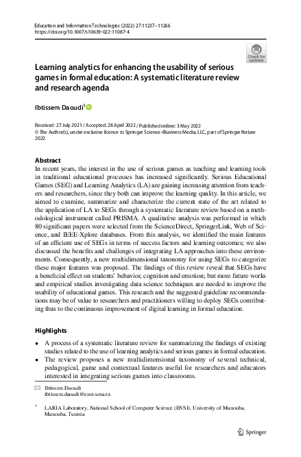 (PDF) Learning analytics for enhancing the usability of serious games in formal education: A ...