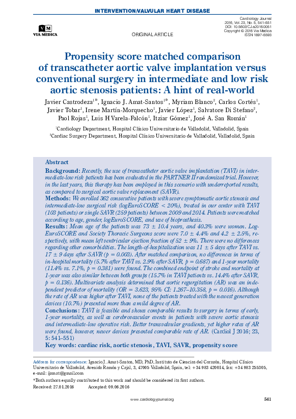 (PDF) Propensity score matched comparison of transcatheter aortic valve implantation versus ...
