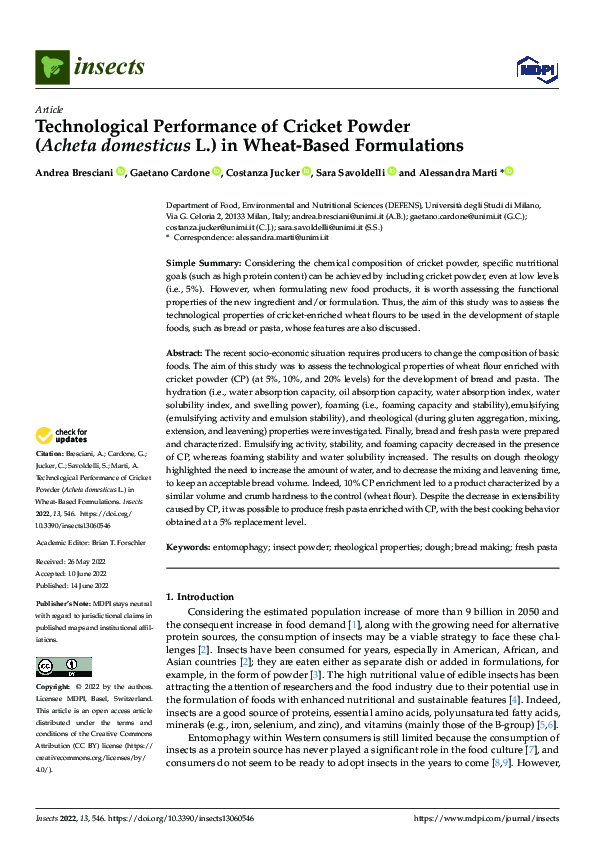 (PDF) Technological Performance of Cricket Powder (Acheta domesticus L ...