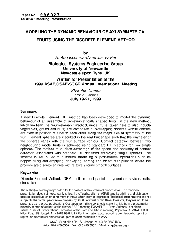 (PDF) Modeling the dynamic behaviour of axi-symmetrical fruits using the Discrete Element Method