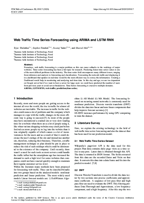 Pdf Web Traffic Time Series Forecasting Using Arima And Lstm Rnn