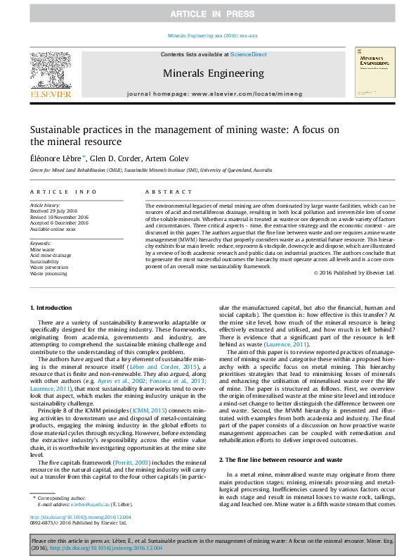 (PDF) Sustainable practices in the management of mining waste: A focus ...