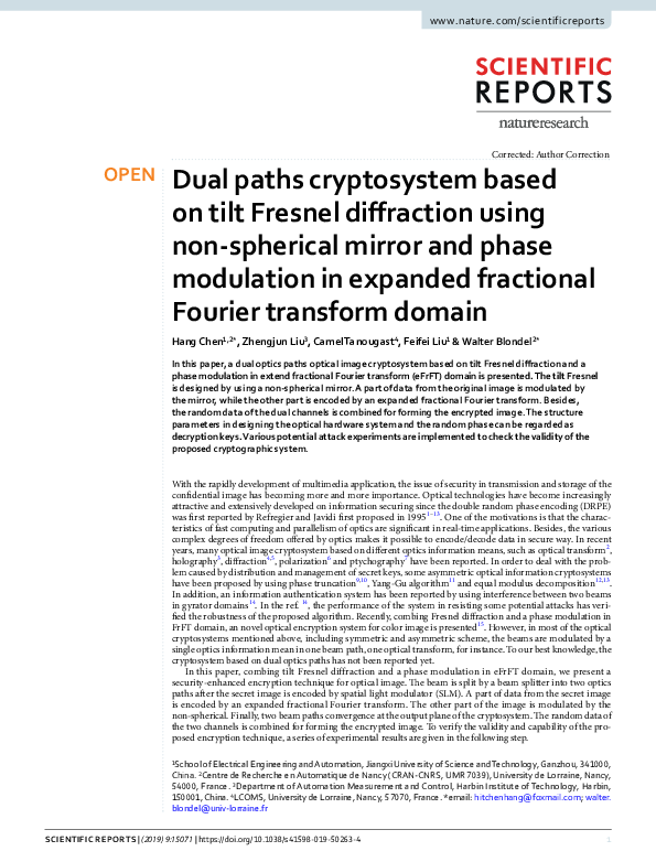 (PDF) Dual paths cryptosystem based on tilt Fresnel diffraction using non-spherical mirror and ...