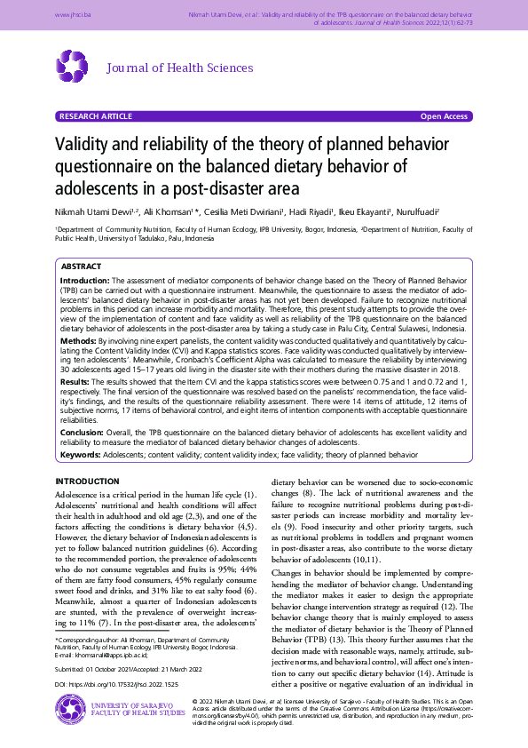 (PDF) Validity and reliability of the theory of planned behavior questionnaire on the balanced ...
