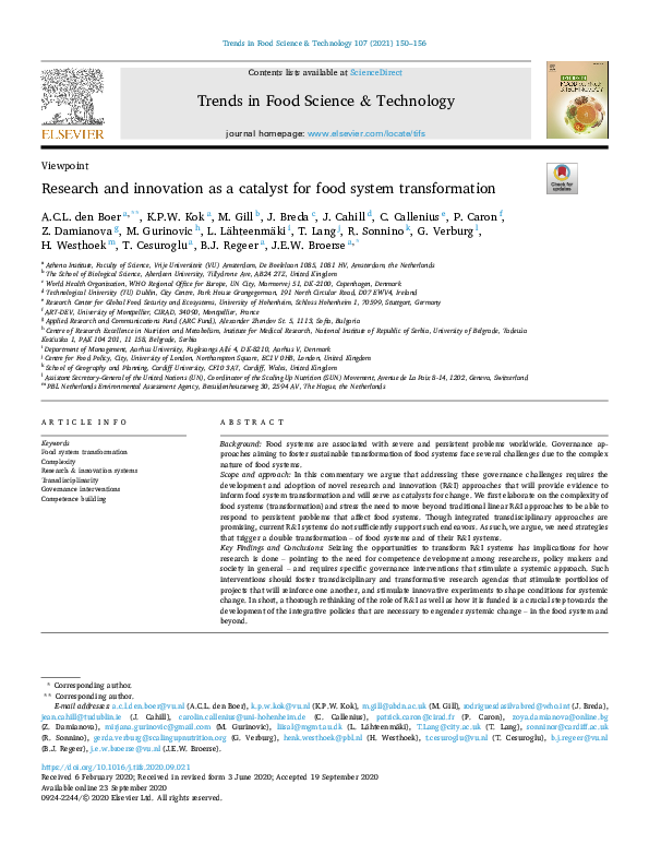 (PDF) Research and innovation as a catalyst for food system transformation