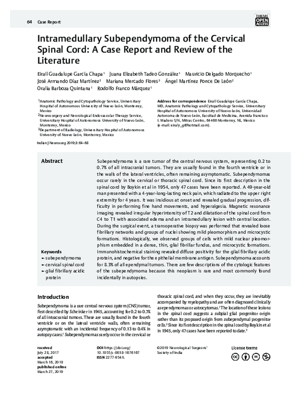 (PDF) Intramedullary Subependymoma of the Cervical Spinal Cord: Case Report